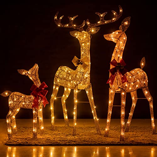 YULETIME 3-Piece Pre-lit 3D Christmas Reindeer Family, Lighted Glitter Christmas Deer Family Holiday Decoration with 210 Warm White LED Lights (3D Family)