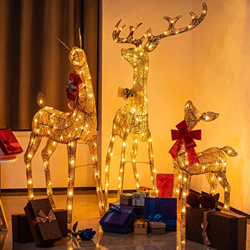 YULETIME 3-Piece Pre-lit 3D Christmas Reindeer Family, Lighted Glitter Christmas Deer Family Holiday Decoration with 210 Warm White LED Lights (3D Family)