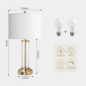 QiMH Modern Nightstand Table Lamps, Fabric Lampshade, Touch Control, 3-Way Dimmable with Dual USB Ports for Bedrooms, Bedside, Living Room, Set of 2 (LED Bulbs Included)