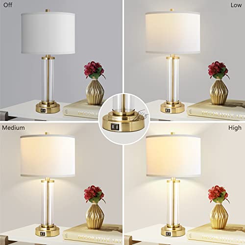 QiMH Modern Nightstand Table Lamps, Fabric Lampshade, Touch Control, 3-Way Dimmable with Dual USB Ports for Bedrooms, Bedside, Living Room, Set of 2 (LED Bulbs Included)