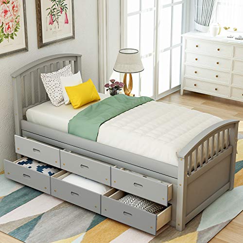 Merax Solid Wood Storage Bed Frame with 6 Drawers, Wooden Slat Support, No Box Spring Needed Grey