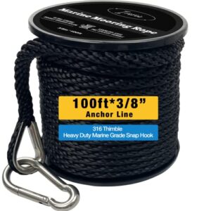 100 FT Double Braided Nylon Boat Anchor Rope 3/8inch with 316 Stainless Steel Thimble and Heavy Duty Snap Hook Marine Grade Anchor line Black