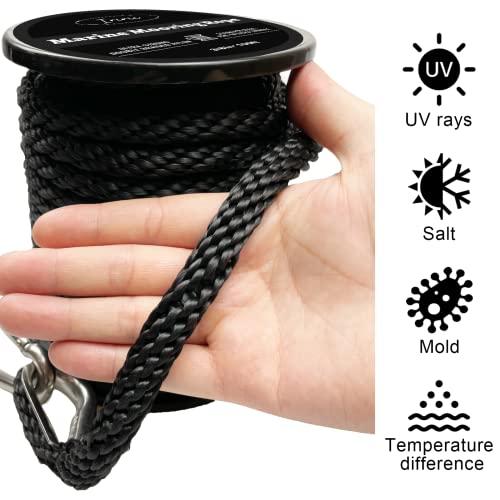 100 FT Double Braided Nylon Boat Anchor Rope 3/8inch with 316 Stainless Steel Thimble and Heavy Duty Snap Hook Marine Grade Anchor line Black