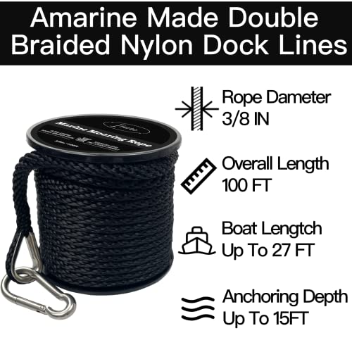 100 FT Double Braided Nylon Boat Anchor Rope 3/8inch with 316 Stainless Steel Thimble and Heavy Duty Snap Hook Marine Grade Anchor line Black