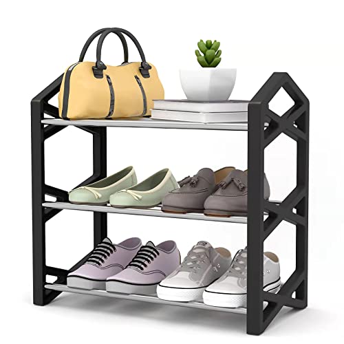 LODFHLL 3-Tier Small Shoe Rack，Metal Lightweight Shoes Shelf Multifunctional Organizer Stackable Stand Footwear Display Shelf，for Closet Hallway Entryway Living Room Bedroom (3-Tier Black Shoe Rack)