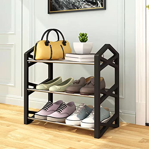 LODFHLL 3-Tier Small Shoe Rack，Metal Lightweight Shoes Shelf Multifunctional Organizer Stackable Stand Footwear Display Shelf，for Closet Hallway Entryway Living Room Bedroom (3-Tier Black Shoe Rack)