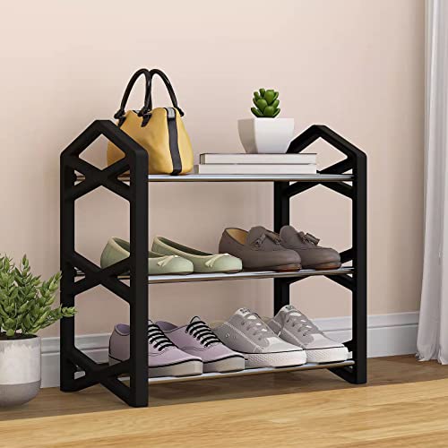 LODFHLL 3-Tier Small Shoe Rack，Metal Lightweight Shoes Shelf Multifunctional Organizer Stackable Stand Footwear Display Shelf，for Closet Hallway Entryway Living Room Bedroom (3-Tier Black Shoe Rack)