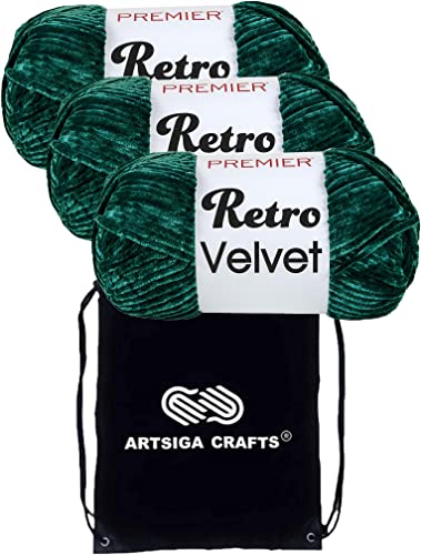 Premier Yarns Retro Velvet Emerald 1088-12 (3-Skein) Same Dyelot Chunky Bulky #5 Soft Knitting Yarn 100% Polyester Bundle with 1 Artsiga Craft Bag