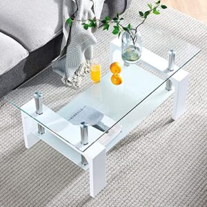 Btrpily Living Room Rectangle Coffee Table, Tea Table Suitable for Waiting Room, Modern Side Coffee Table with Wooden Leg, Glass Tabletop with Lower Shelf, 39.5*23.5*17.5 inches , White