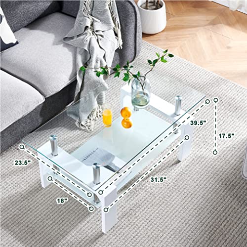 Btrpily Living Room Rectangle Coffee Table, Tea Table Suitable for Waiting Room, Modern Side Coffee Table with Wooden Leg, Glass Tabletop with Lower Shelf, 39.5*23.5*17.5 inches , White