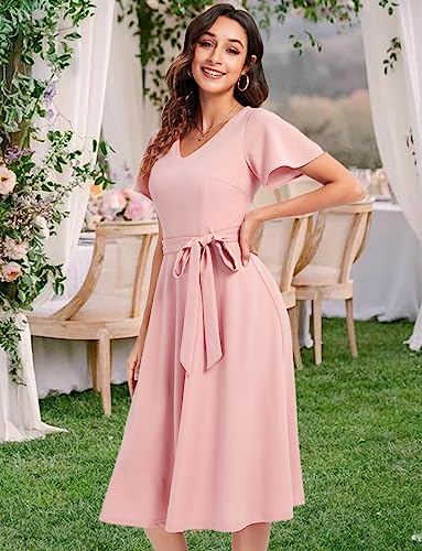 Gardenwed Cocktail Dresses for Women Wedding Guest,Fit and Flare Formal Dress with Sleeves for Homecoming Party Church Blush L