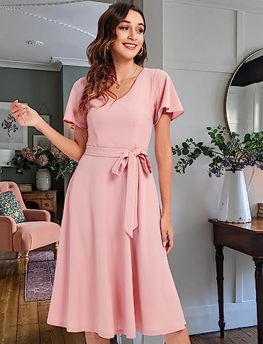 Gardenwed Cocktail Dresses for Women Wedding Guest,Fit and Flare Formal Dress with Sleeves for Homecoming Party Church Blush L