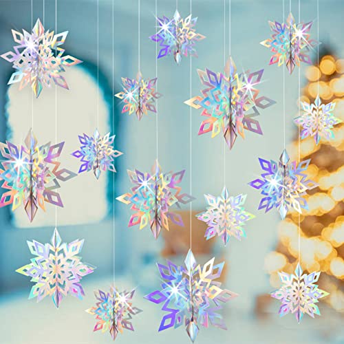 Christmas Hanging Snowflakes Decorations 15 Pack 3D Iridescent Paper Snowflakes Rainbow Snow Flakes Garland for Winter Wonderland Holiday Frozen Christmas Birthday Party Decorations Supplies