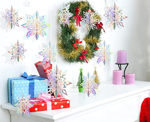 Christmas Hanging Snowflakes Decorations 15 Pack 3D Iridescent Paper Snowflakes Rainbow Snow Flakes Garland for Winter Wonderland Holiday Frozen Christmas Birthday Party Decorations Supplies