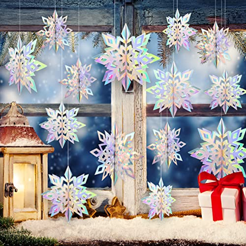 Christmas Hanging Snowflakes Decorations 15 Pack 3D Iridescent Paper Snowflakes Rainbow Snow Flakes Garland for Winter Wonderland Holiday Frozen Christmas Birthday Party Decorations Supplies