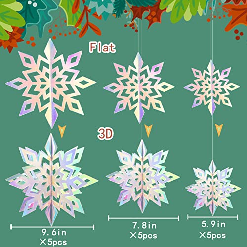 Christmas Hanging Snowflakes Decorations 15 Pack 3D Iridescent Paper Snowflakes Rainbow Snow Flakes Garland for Winter Wonderland Holiday Frozen Christmas Birthday Party Decorations Supplies