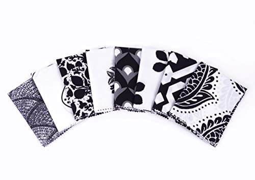 Soimoi 8 Pc Fat Quarter Bundle - Asian Block Print 18"x 22" DIY Patchwork- 100% Cotton Pre-Cut Quilting Fabric (White & Black)