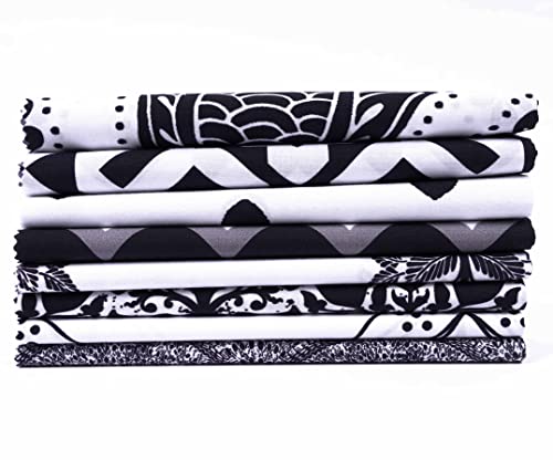 Soimoi 8 Pc Fat Quarter Bundle - Asian Block Print 18"x 22" DIY Patchwork- 100% Cotton Pre-Cut Quilting Fabric (White & Black)