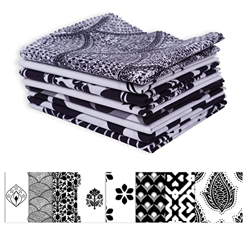 Soimoi 8 Pc Fat Quarter Bundle - Asian Block Print 18"x 22" DIY Patchwork- 100% Cotton Pre-Cut Quilting Fabric (White & Black)