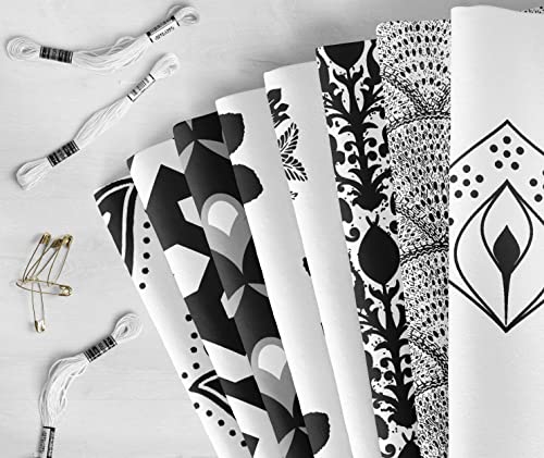 Soimoi 8 Pc Fat Quarter Bundle - Asian Block Print 18"x 22" DIY Patchwork- 100% Cotton Pre-Cut Quilting Fabric (White & Black)