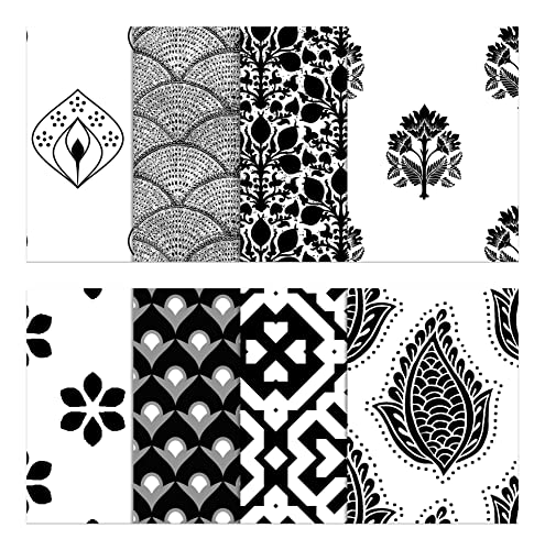 Soimoi 8 Pc Fat Quarter Bundle - Asian Block Print 18"x 22" DIY Patchwork- 100% Cotton Pre-Cut Quilting Fabric (White & Black)