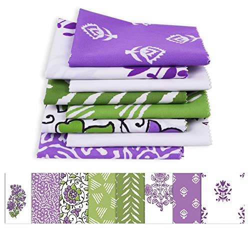 Soimoi 8 Pc Fat Quarter Bundle - Asian Block Print 18"x 22" DIY Patchwork- 100% Cotton Pre-Cut Quilting Fabric (Green & Purple)