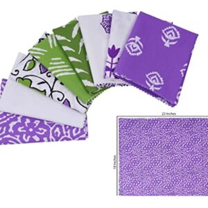 Soimoi 8 Pc Fat Quarter Bundle - Asian Block Print 18"x 22" DIY Patchwork- 100% Cotton Pre-Cut Quilting Fabric (Green & Purple)