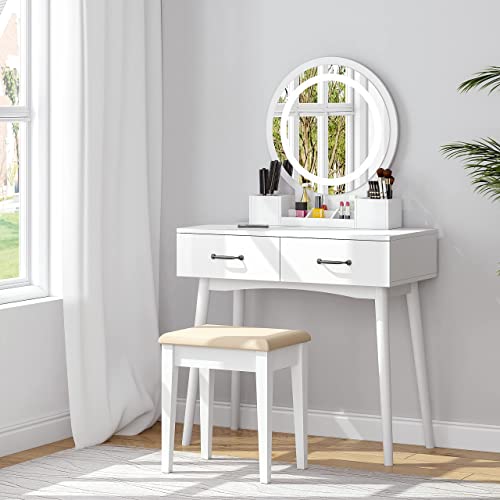 UTEX Makeup Vanity Desk with Round Mirror and Lights,White Vanity Makeup Table, Small Vanity Table with 2 Drawers, 3 Lighting Modes Dresser Desk and Cushioned Stool Set for Bedroom, White