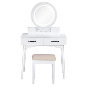 UTEX Makeup Vanity Desk with Round Mirror and Lights,White Vanity Makeup Table, Small Vanity Table with 2 Drawers, 3 Lighting Modes Dresser Desk and Cushioned Stool Set for Bedroom, White