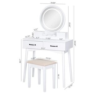 UTEX Makeup Vanity Desk with Round Mirror and Lights,White Vanity Makeup Table, Small Vanity Table with 2 Drawers, 3 Lighting Modes Dresser Desk and Cushioned Stool Set for Bedroom, White