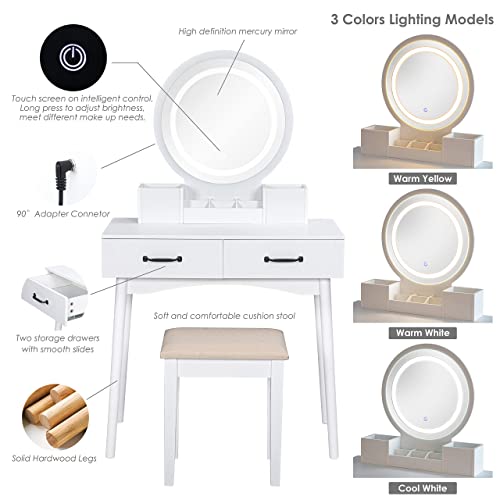 UTEX Makeup Vanity Desk with Round Mirror and Lights,White Vanity Makeup Table, Small Vanity Table with 2 Drawers, 3 Lighting Modes Dresser Desk and Cushioned Stool Set for Bedroom, White