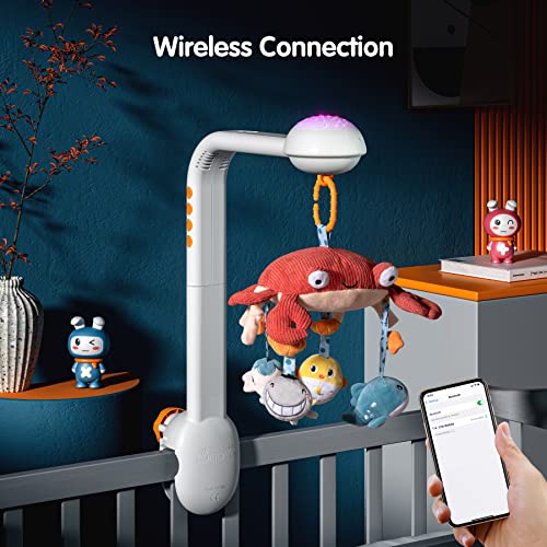 TUMAMA Baby Crib Mobile, Crib Toys with Projection Night Light, Music and White Noise, Soft Plush Mirror Hanging Toys,Mute Spin Motor Nursery Toys for Infant 0 3 6 9 Month Newborn Xmas Gift (Crab)