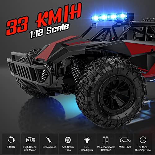 BLUEJAY Remote Control Car - 2.4GHz High Speed 33KM/H RC Cars Toys, 1:12 Monster RC Truck Off Road Hobby Toys with LED Headlight and Rechargeable Battery Gifts for Adults Boys 8-12 Kids