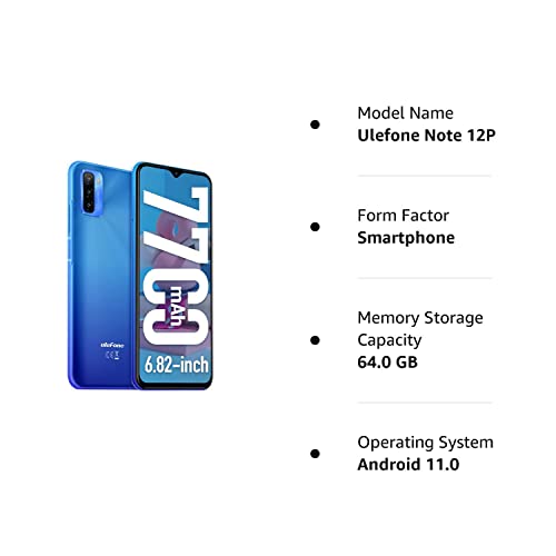 Ulefone Unlocked Smartphones Note 12P, 7700mAh High Capacity Battery, 6.82 inch HD+, 13MP + 2MP + 2MP, Dual Sim Phones Unlocked, Andorid 11 4GB+64GB ROM, Fingerprint Face Detection, T-Mobile - Blue