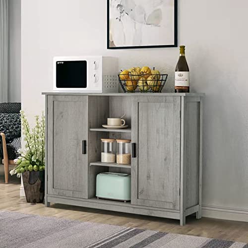 Iwell Floor Storage Cabinet with 2 Doors and 2 Open Shelves, Wooden Buffet Cabinet, Freestanding Cabinet for Kitchen, Living Room, Hallway, Grey