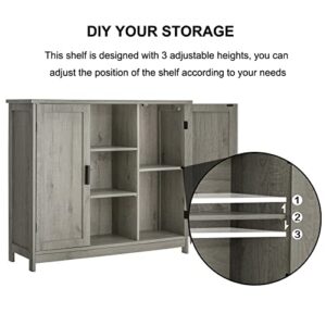 Iwell Floor Storage Cabinet with 2 Doors and 2 Open Shelves, Wooden Buffet Cabinet, Freestanding Cabinet for Kitchen, Living Room, Hallway, Grey