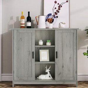 Iwell Floor Storage Cabinet with 2 Doors and 2 Open Shelves, Wooden Buffet Cabinet, Freestanding Cabinet for Kitchen, Living Room, Hallway, Grey