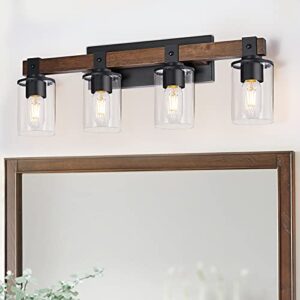 farmhouse rustic bathroom lighting fixtures over mirror, vintage wood vanity lighting with clear glass, 4-light modern industrial wall lamp for bedroom,living room,hallway