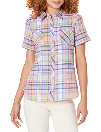 Tommy Hilfiger Women's Preppy Camp Shirt, Pink Multi Plaid, Medium