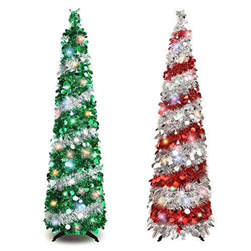 Pop Up Christmas Tree with Lights, 5FT Collapsible Christimas Tree Tinsel Slim Pencil Christmas Xmas Tree with Stand Decorations for Home Holiday Fireplace Party Indoor Outdoor (Green& Red)