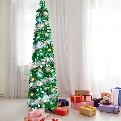 Pop Up Christmas Tree with Lights, 5FT Collapsible Christimas Tree Tinsel Slim Pencil Christmas Xmas Tree with Stand Decorations for Home Holiday Fireplace Party Indoor Outdoor (Green& Red)