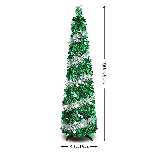 Pop Up Christmas Tree with Lights, 5FT Collapsible Christimas Tree Tinsel Slim Pencil Christmas Xmas Tree with Stand Decorations for Home Holiday Fireplace Party Indoor Outdoor (Green& Red)