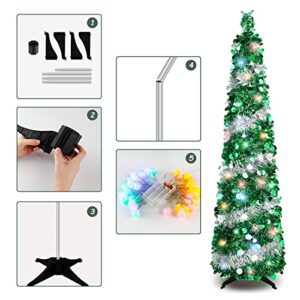 Pop Up Christmas Tree with Lights, 5FT Collapsible Christimas Tree Tinsel Slim Pencil Christmas Xmas Tree with Stand Decorations for Home Holiday Fireplace Party Indoor Outdoor (Green& Red)