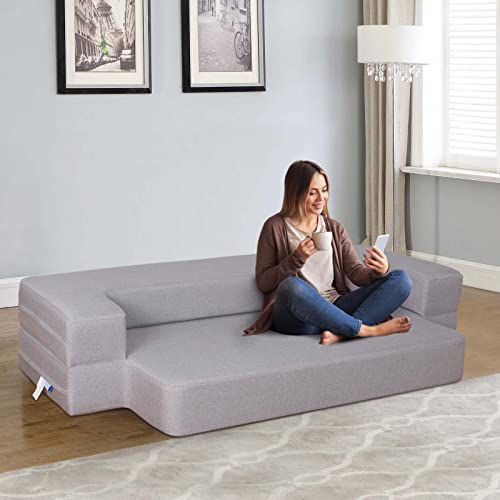 HonTop 8 Inch Folding Sofa Bed Queen Size Memory Foam Couch Convertible Futon Sleeper Foam Bed for Bedroom Living Room Guest, Light Grey