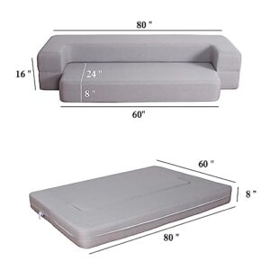 HonTop 8 Inch Folding Sofa Bed Queen Size Memory Foam Couch Convertible Futon Sleeper Foam Bed for Bedroom Living Room Guest, Light Grey