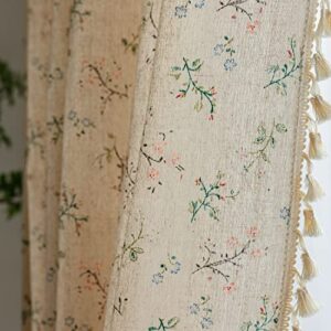 floral farmhouse curtains closet semi-blackout living room drapes 63 inch length cotton linen blend short bohemian window curtain panels with tassel beige rod pocket bedroom drapes, 1 panel