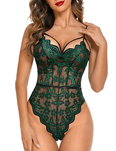 Avidlove Teddy Lingerie for Women Deep V One Piece Lingerie Sexy Lace Bodysuit (Black and Green,Medium)