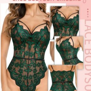 Avidlove Teddy Lingerie for Women Deep V One Piece Lingerie Sexy Lace Bodysuit (Black and Green,Medium)