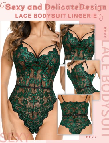 Avidlove Teddy Lingerie for Women Deep V One Piece Lingerie Sexy Lace Bodysuit (Black and Green,Medium)