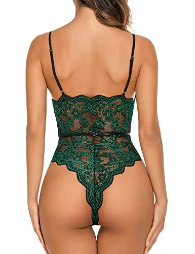 Avidlove Teddy Lingerie for Women Deep V One Piece Lingerie Sexy Lace Bodysuit (Black and Green,Medium)